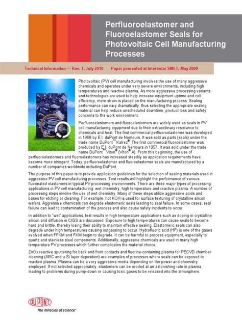 Perfluoroelastomer And Fluoroelastomer Seals For Photovoltaic Cell Manufacturing Processes Pdf