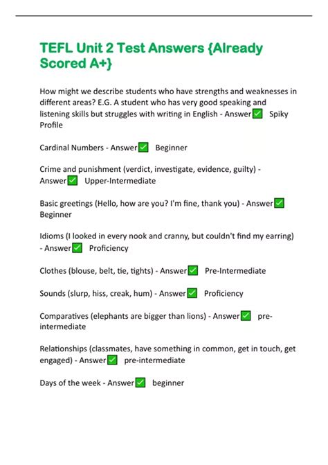 Tefl Unit 2 Test Answers {already Scored A } Tefl Stuvia Us