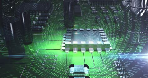 Image Of Computer Circuit Board Elements And Binary Coding Over Green Background Stock Image