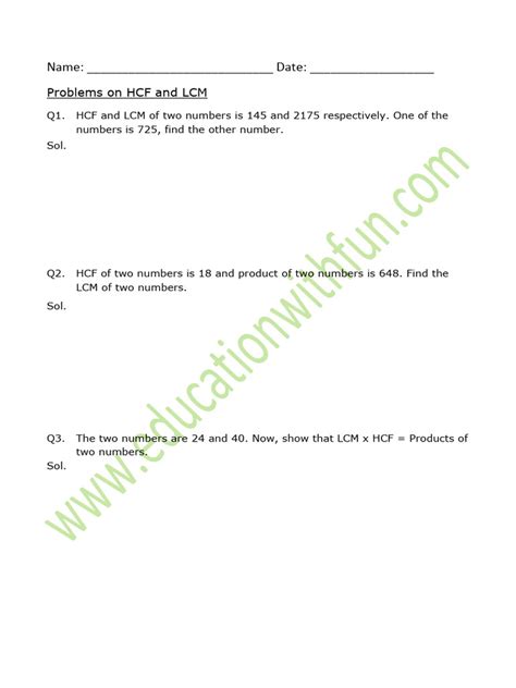 Problems On Hcf And Lcm Worksheet 3 Pdf
