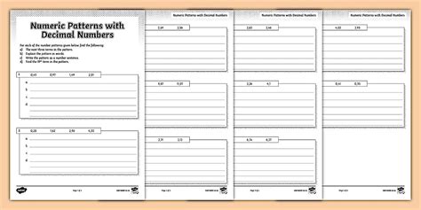 Numeric Patterns With Decimal Numbers Activity Sheet