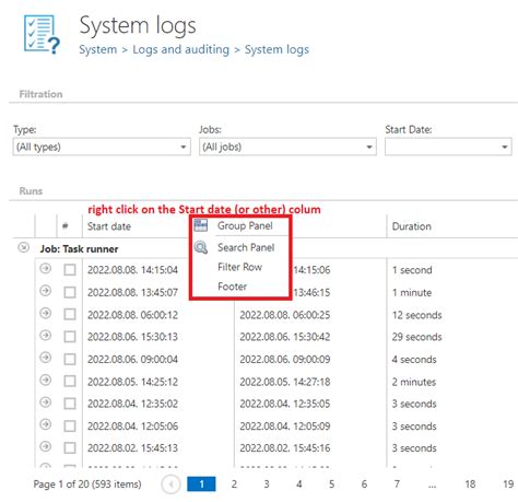 System Log 1 Context Menu Of Columns Tech Arrow Documentation Center