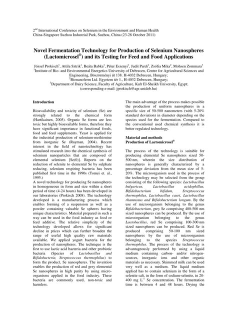 Pdf Novel Fermentation Technology For Production Of Selenium Nanospheres Lactomicrosel® And