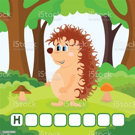 버섯 숲 사이의 빈 터에 고슴도치의 귀여운 만화와 함께 재미 있는 크로스 워드 퍼즐 게임 벡터 일러스트입니다 귀여운 유치원 교육