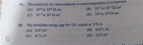 The Resistivity Of A Semiconductor At Room Temperature Is In Between