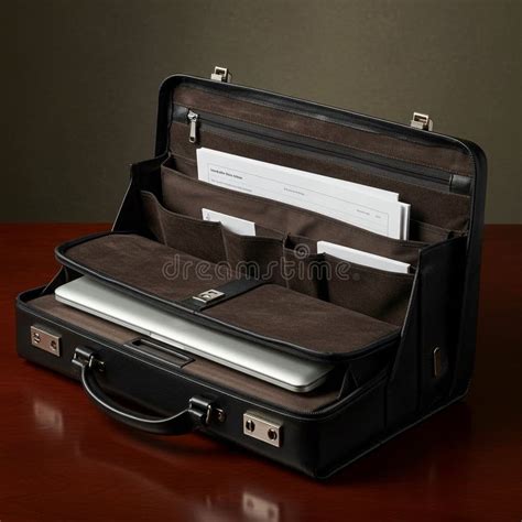 A Black Leather Briefcase Is Open On A Wooden Surface Displaying