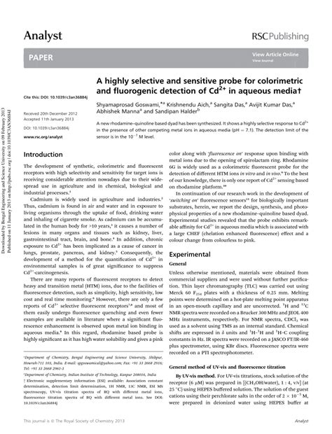 Pdf A Highly Selective And Sensitive Probe For Colorimetric And