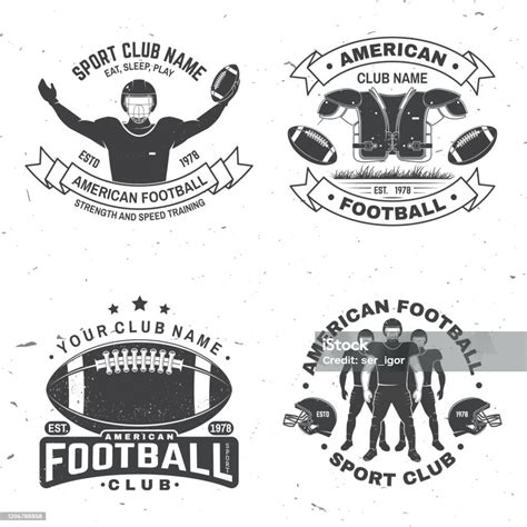 미식 축구 또는 럭비 클럽 배지 세트입니다 셔츠 인쇄 스탬프 패치에 대한 벡터 미국 축구 선수 헬멧 볼 숄더 패드 실루엣빈티지