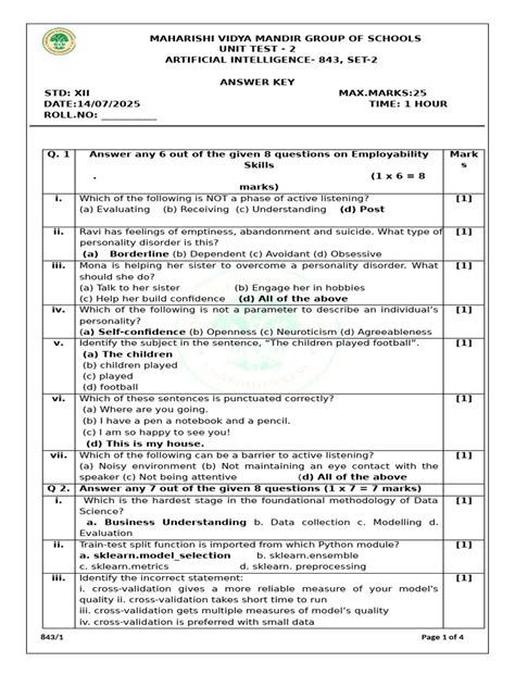 Ai Unit Test1 Answerkey Set2 Pdf Accuracy And Precision Data