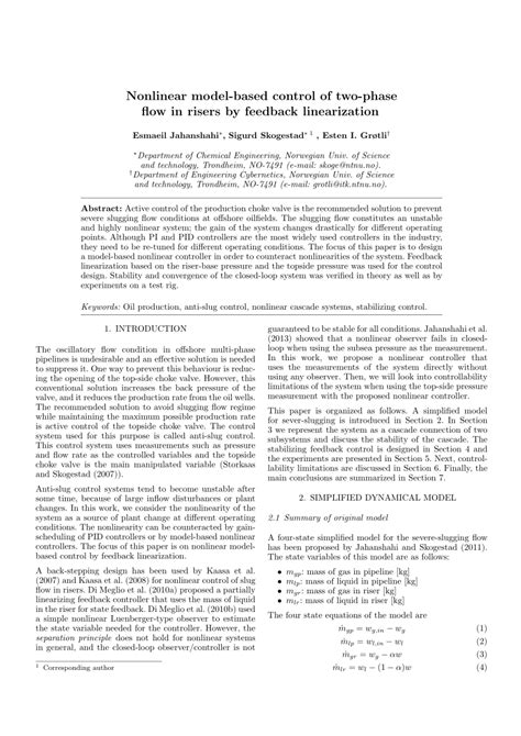 Pdf Nonlinear Model Based Control Of Two Phase Flow In Risers By