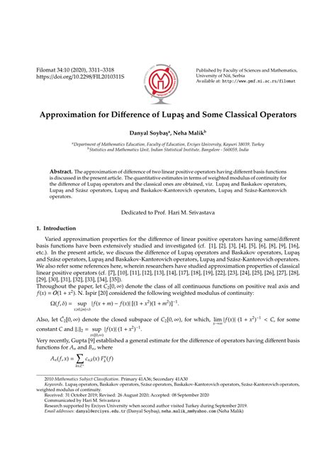 Pdf Approximation For Difference Of Lupaş And Some Classical Operators