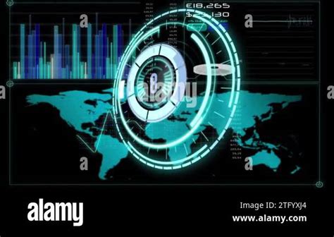 Animation Of Scope Scanning With Countdown Over Data Processing And World Map Global Business