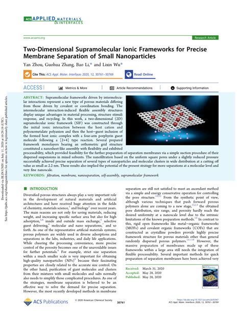 Pdf 2d Supramolecular Ionic Framework For Precise Membrane Separation