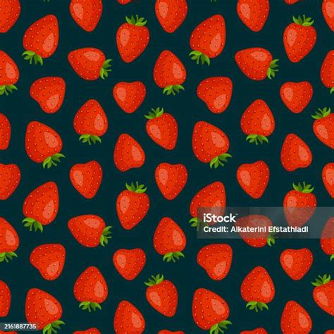 딸기 완벽 한 패턴 통하고 있는 어두운 배경에 손으로 그린 트렌디 한 플랫 스타일 0명에 대한 스톡 벡터 아트 및 기타 이미지 0명 개념 건강한 식생활 Istock