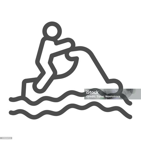 파도 라인 아이콘에 물 스쿠터와 남자 워터 파크 개념 흰색 배경에 제트 스키 스포츠 표지판 모바일 개념 및 웹 디자인을위한 윤곽 스타일 워터 스쿠터 아이콘 벡터 그래픽 0