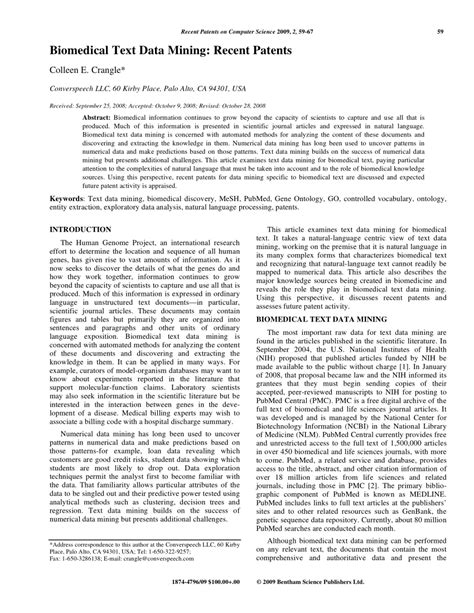 Pdf Biomedical Text Data Mining Recent Patents