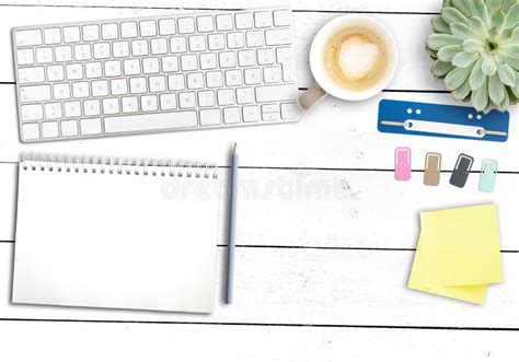Modern Office Workspace Wooden Desk With Computer Keyboard Notepad Coffee Mug And Office
