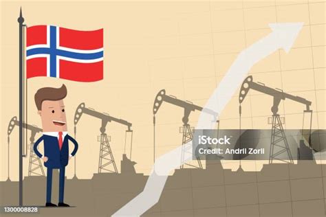 석유 펌프를 배경으로 노르웨이의 국기 아래 사업가 또는 정치인 석유 산업의 이익 성장 벡터 일러스트레이션 노르웨이에 대한 스톡 벡터 아트 및 기타 이미지 Istock
