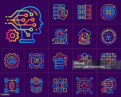 데이터 과학 기술과 기계 학습 과정의 선형 아이콘 설정 합니다 소재 디자인 아이콘 인쇄 웹사이트 및 프레 젠 테이 션에 적합