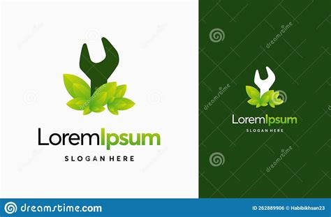 Green Service Logo Design Template Wrench Tree Leaf Service Logo