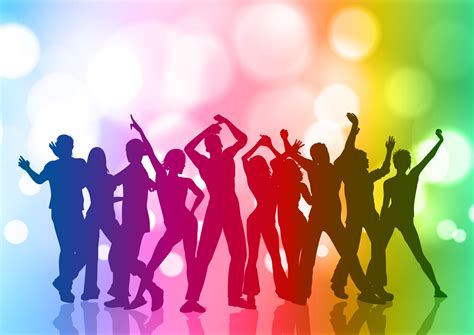 Crowd Of People Dancing On Rainbow Bokeh Lights Background 18766267