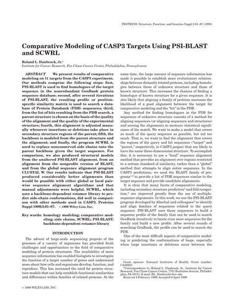 Pdf Comparative Modeling Of Casp3 Targets Using Psi Blast And Scwrl
