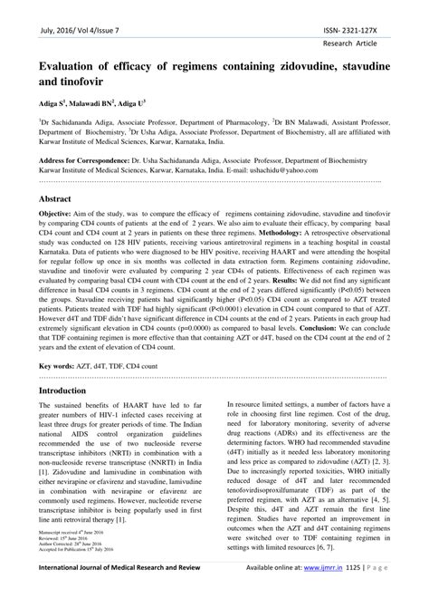 Pdf Evaluation Of Efficacy Of Regimens Containing Zidovudine Stavudine And Tinofovir