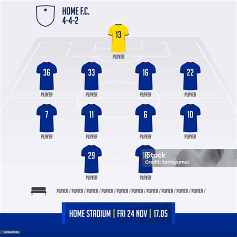 축구 팀 구성 시작 목록 또는 라인업 인포 그래픽 템플릿 축구장에서 축구 선수 위치의 집합 축구 키트 평면 디자인의 축구 저지 아이콘 축구에 대한 스톡 벡터 아트 및 기타