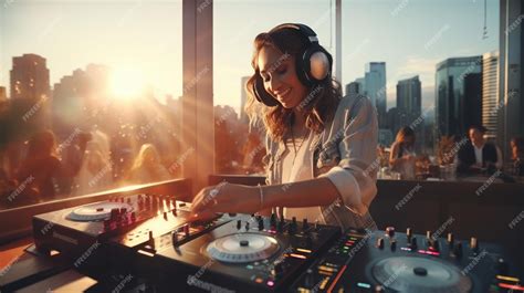 Premium Photo Stylish Rooftop Party With Dj And City Skyline View