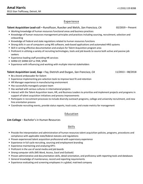 Talent Acquisition Lead Resume Samples Velvet Jobs