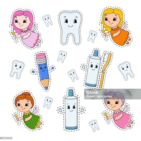 귀여운 만화 캐릭터와 스티커 세트 치과 클립 아트 손으로 그린 다채로운 팩 벡터 그림입니다 패치 배지 컬렉션 레이블 디자인 요소입니다 일일 플래너 주최자 일기 0명에 대한