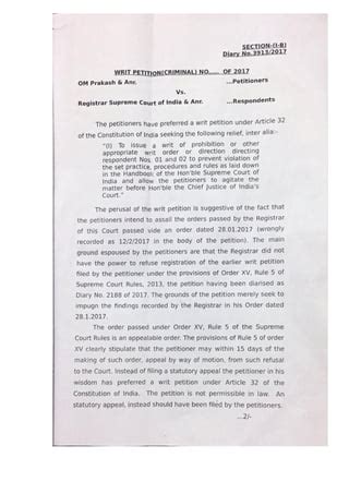 First Appeal Under RTI Act Against Registrar J I Supreme Court Of India For REFUSAL OF