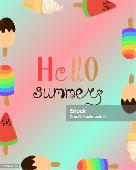 안녕하세요 여름 밝은 엽서 아이스크림 여러 가지 빛깔의 문자 디자인 전단지 광고 가지 식물 부위에 대한 스톡 벡터 아트 및 기타 이미지 가지 식물 부위 계절 낱말