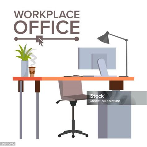 사무실 직장 개념 벡터입니다 사무실 책상입니다 현대 개발자 스튜디오 인테리어입니다 클래식 작업 공간입니다 책상 컴퓨터 그림 가구에 대한 스톡 벡터 아트 및 기타 이미지