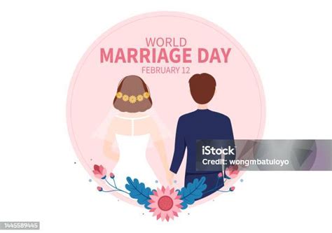 2월 12일 세계 결혼의 날 평면 만화 손으로 그린 템플릿 일러스트레이션에서 파트너의 아름다움과 충성도를 강조하는 사랑의 상징