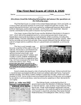 The First Red Scare Of 1919 And 1920 Text Images And Questions Tpt