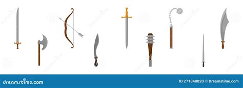 ancient weapon with sword ball and chain flail saber and bow with