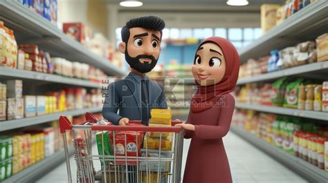 Free 3d 3d Cartoon Muslim Couple With Shopping Cart In Grocery Shop
