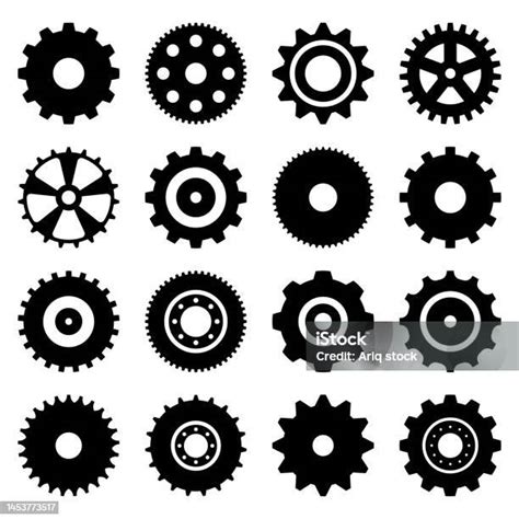 기어 설정 벡터 아이콘을 설정합니다 격리 된 검은 색 기어 메커니즘과 톱니 바퀴 진행 또는 건설 개념 간단한 기어 휠 컬렉션