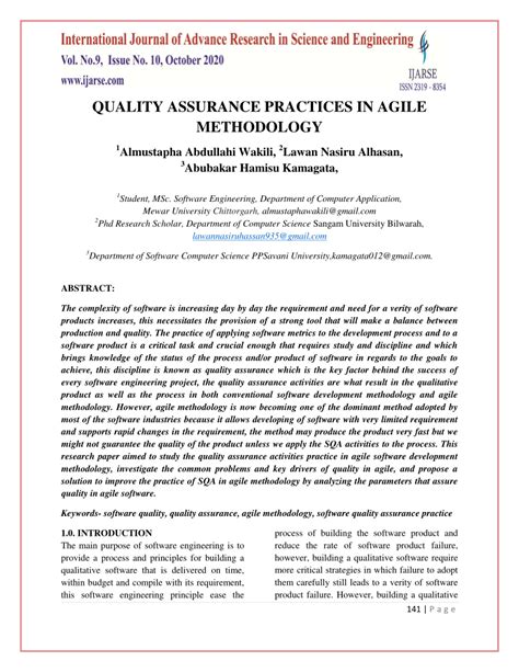 pdf quality assurance practices in agile methodology