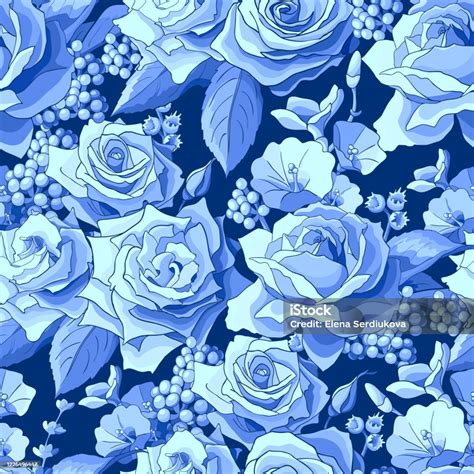 장미와 원활한 패턴 파란색 꽃 흰색 배경에 나뭇잎 꽃 스타일의 추상 적색 패턴 꽃 식물에 대한 스톡 벡터 아트 및 기타 이미지 꽃 식물 수채화 파란색 Istock