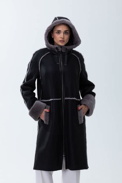 Довга подовжена жіноча натуральна шкіряна дублянка з капюшоном натуральна овчина зима осінь