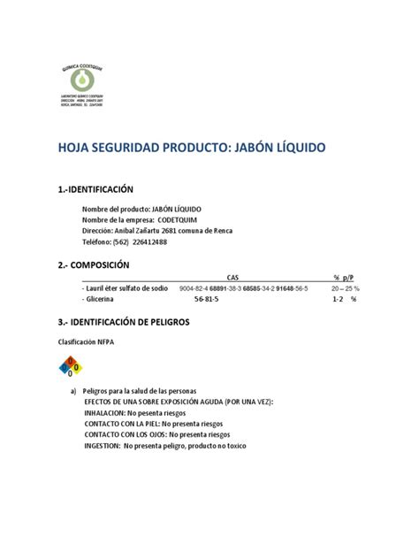 Hoja De Seguridad Jabón Liquido Pdf Agua Fósforo