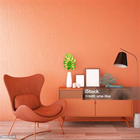 나무 바닥 및 스 칸디 나 비아 스타일 배경에서 산호 벽에 거실에 소파 공장 Sidetable 리셉션 인테리어 디자인 소품 3d