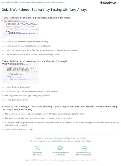 Quiz And Worksheet Equivalency Testing With Java Arrays