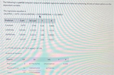 Solved The Following Is A Partial Computer Output Of A