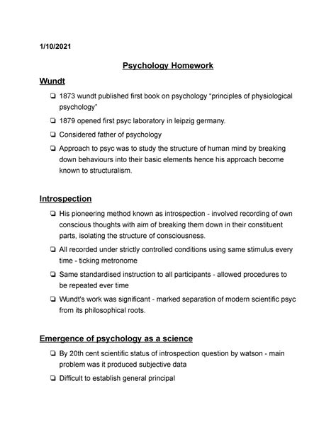 1 Approaches Wundt Psychology 1 10 Psychology Homework Wundt 1873