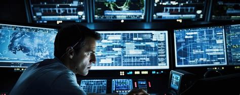 Astronaut In A Hightech Control Room Monitoring Data On Multiple