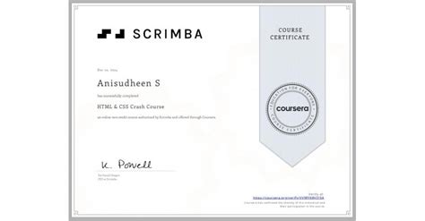 Completion Certificate For Html And Css Crash Course Anisudheen S