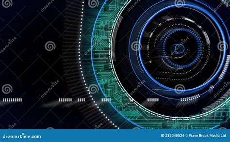 Digital Animation Of Microprocessor Connections Over Neon Round Scanner On Black Background